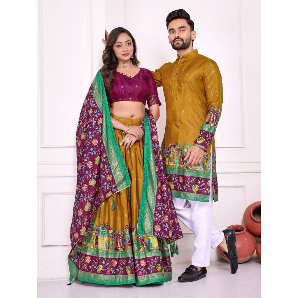 Festive Couple Wear Same Matching Men Kurta Pajama Women Lehenga Choli ...