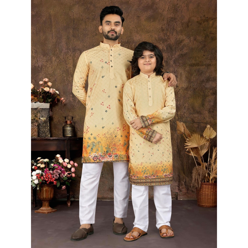 Traditional Indian Yellow Father Son Same Matching Kurta Pajama – mahezon