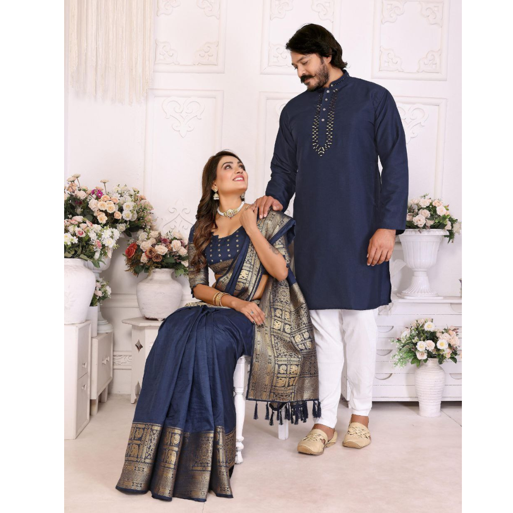 Couple wear Same Matching Outfit Men’s Kurta Pajama and Women’s Saree ...